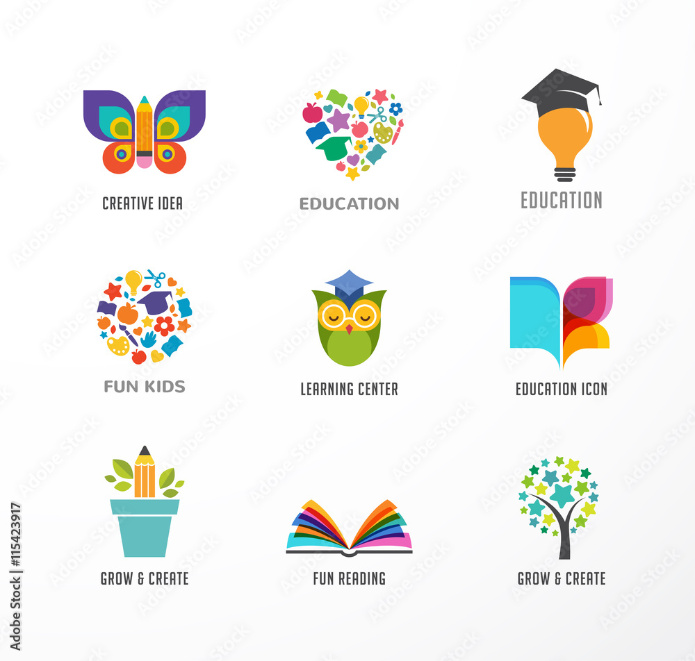 Education icons, elements set. Book, student hat, owl and tree symbols ...