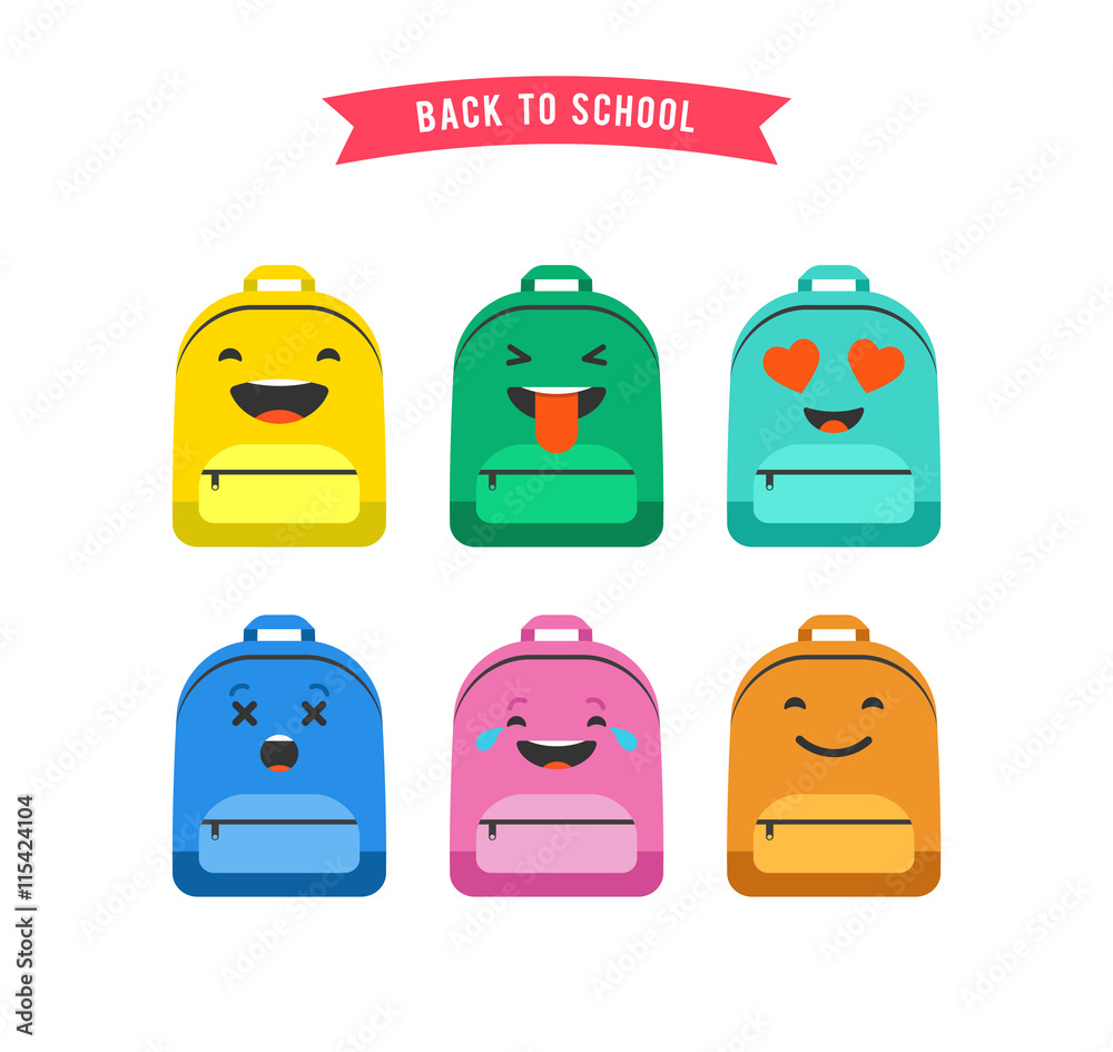 Smiley, emoticons and emoji bag, backpack colorful set of icons. Back ...