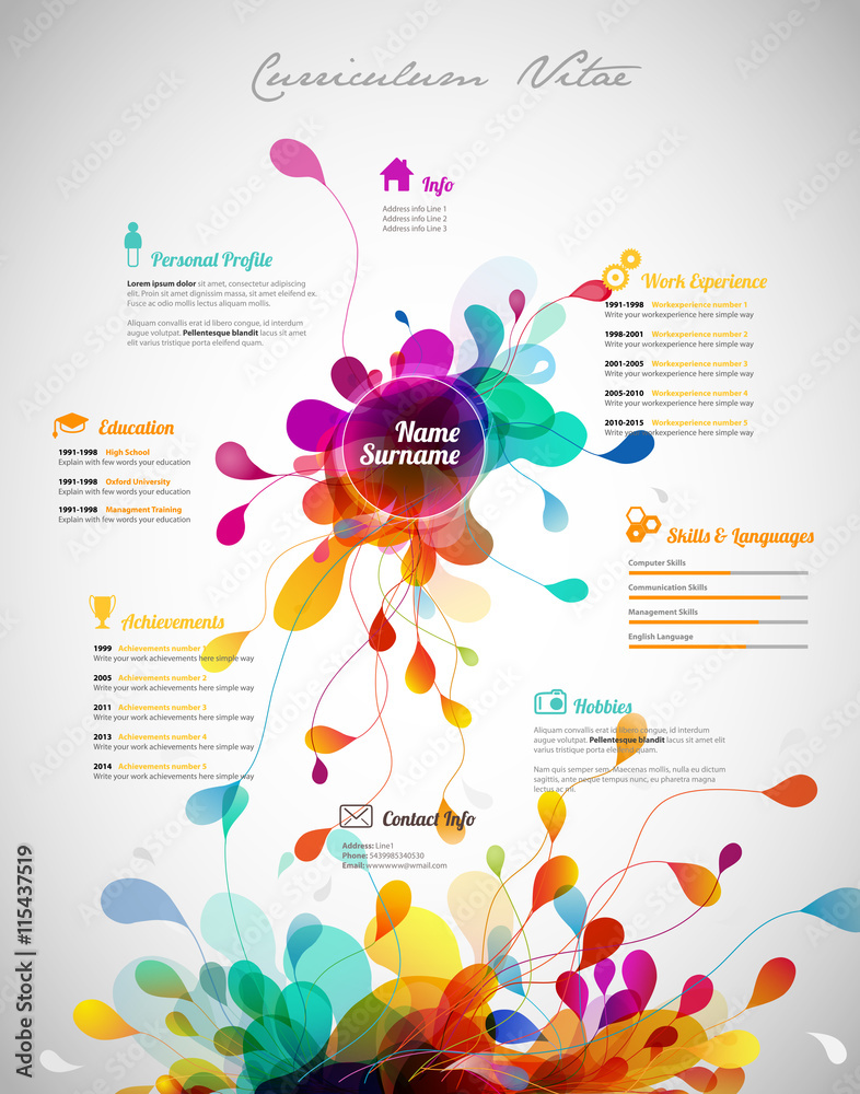 Creative, color rich CV / resume template. Stock Vector | Adobe Stock
