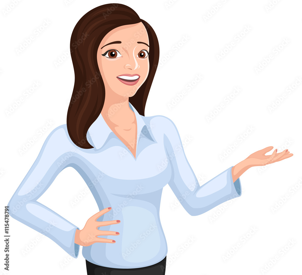 Vector illustration of a cartoon woman presenting/gesturing to her left ...