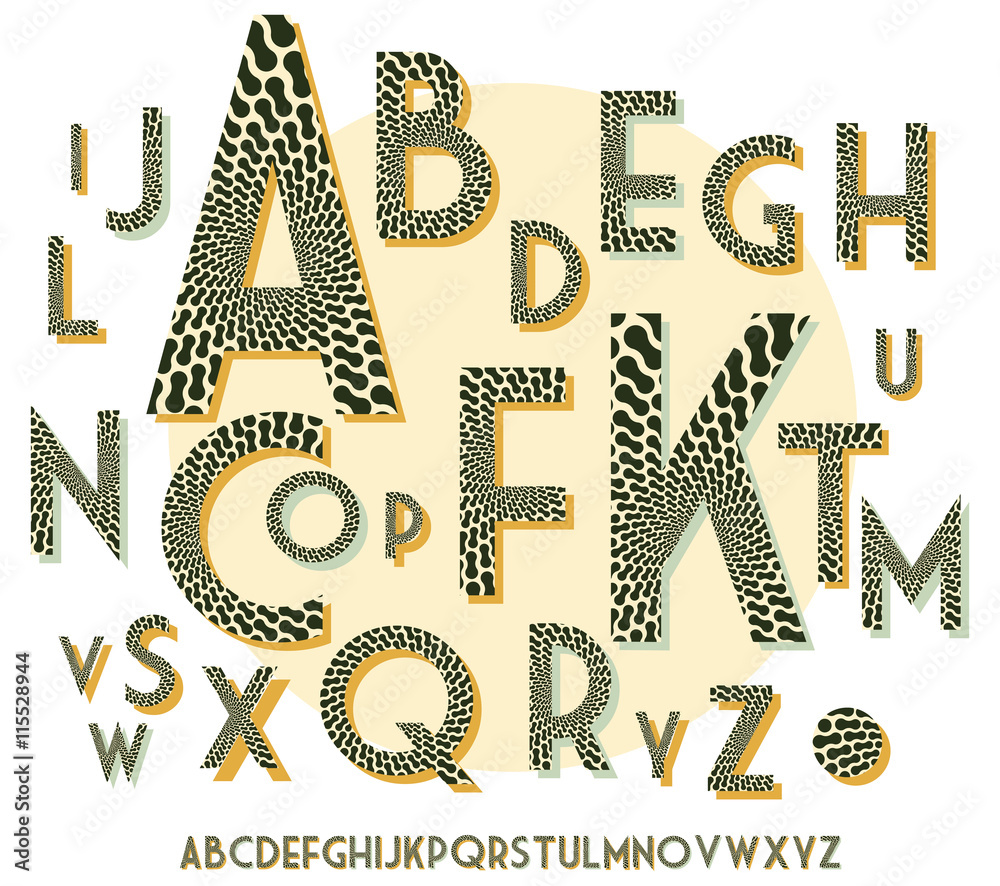 vintage decorated alphabet with stylized animal skin pattern in black ...