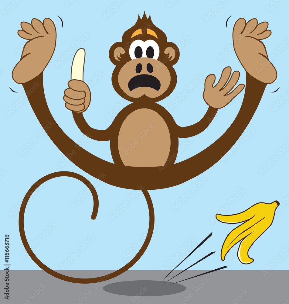 Cartoon Monkey Slipping on Banana Peel Stock Vector | Adobe Stock