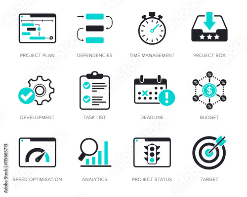 Vecteur Stock Project Management pictograms set in flat line style ...