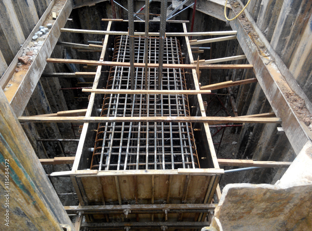 Photo Stock Pile cap form work with reinforcement bar in it and the ...