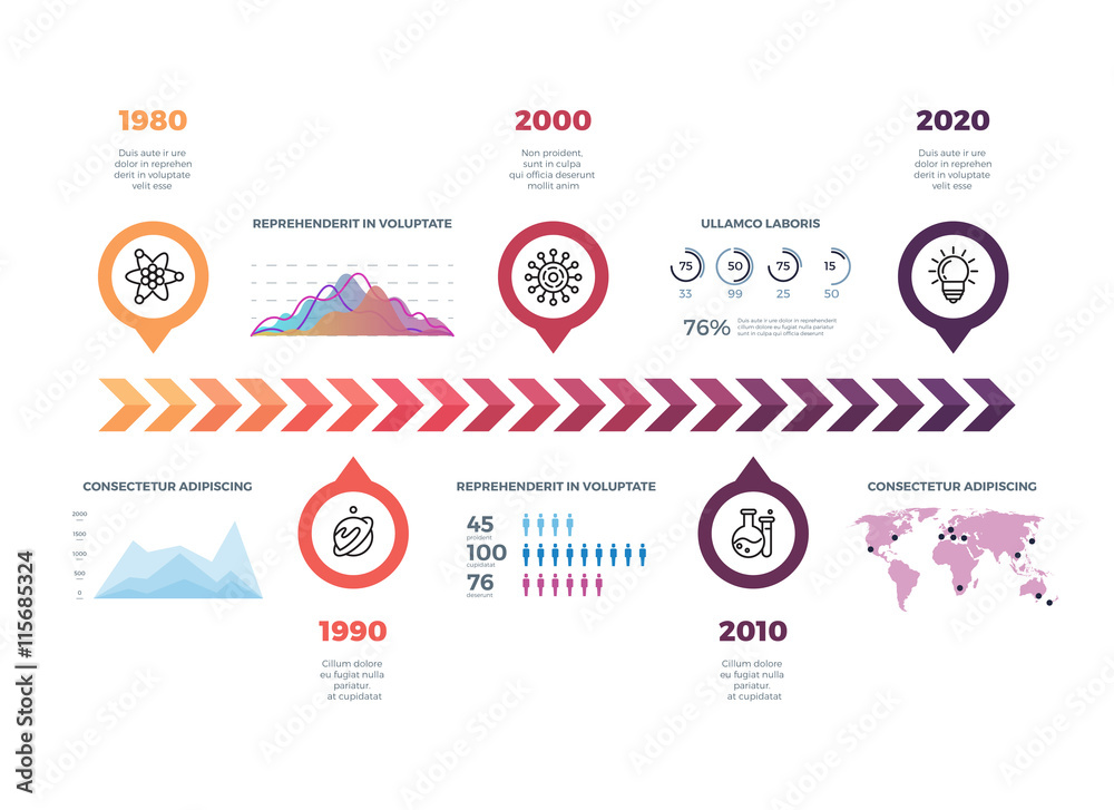 Timeline vector infographic template with milestones, world map and ... Timeline vector infographic template with milestones, world map and ...