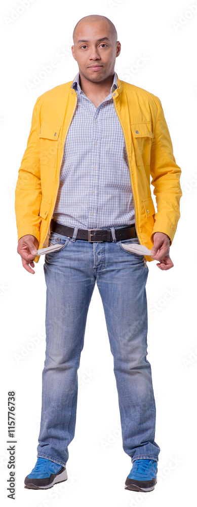 Cutout poor young man shows that he got nothing. His pockets are empty ...
