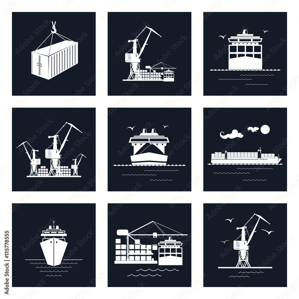 Set of Cargo Icons, Dry Cargo Ship and Container Ship, Unloading ...