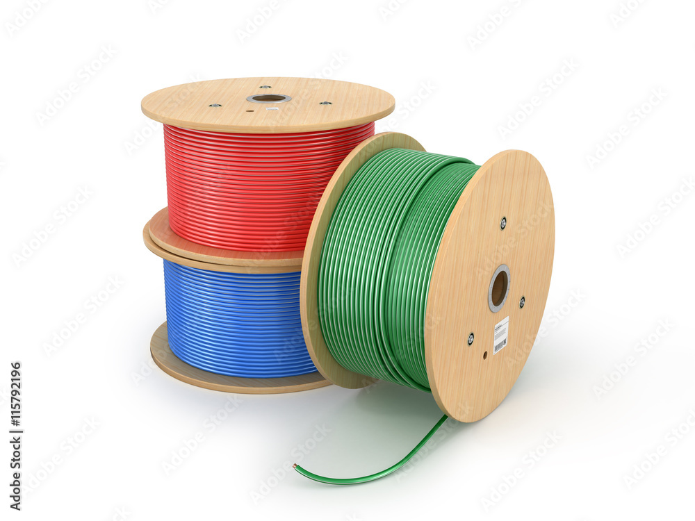 Wooden electric cable reels isolated white background. 3D illust Stock ...