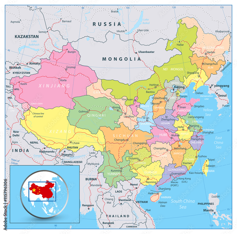 Highly detailed political map of China with roads, railroads and water ...