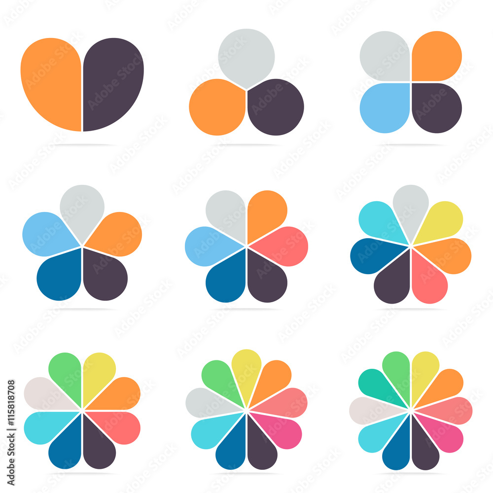 Elements for infographics. Pie charts, diagrams with 2- 10 petals ...
