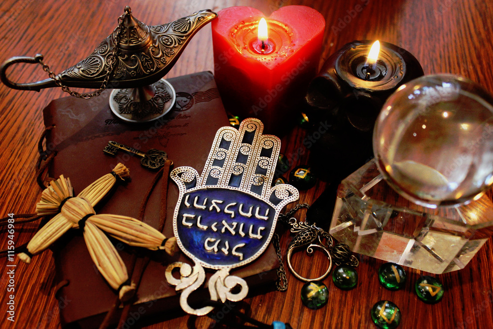 Black magic ritual occult and esoteric symbols, objects. Black burning ...
