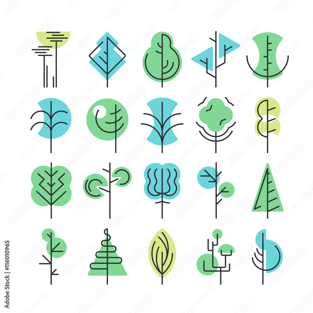 Line and color geometrical trees, set of isolated symbols, logos Stock ...