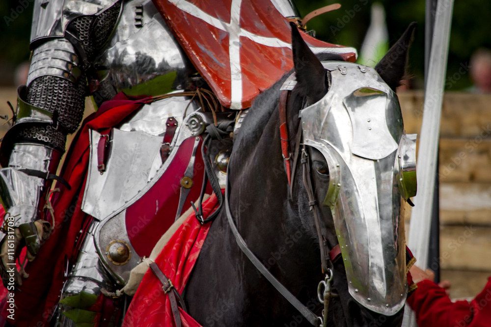Стоковое фото «War horse, mounted by a knight in heavy armour, wearing ...