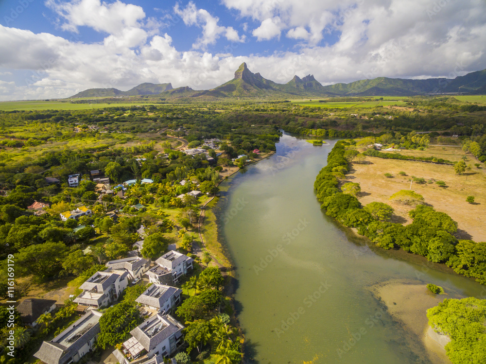 Top down aerial view of Black River Tamarin - Mauritius beach. Curepipe ...