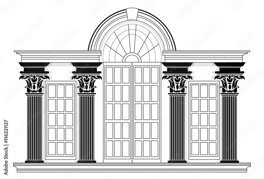 Vector architectural facade. Wire frame blueprint drawing of classic ...
