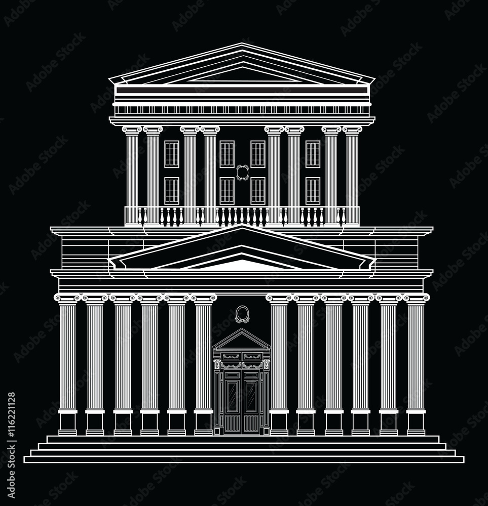 Vector architectural facade. Wire frame blueprint drawing of classic ...