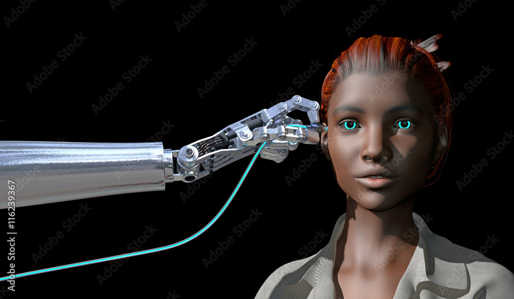 3D illustration of robot hand plugging data cable to a young woman with ...