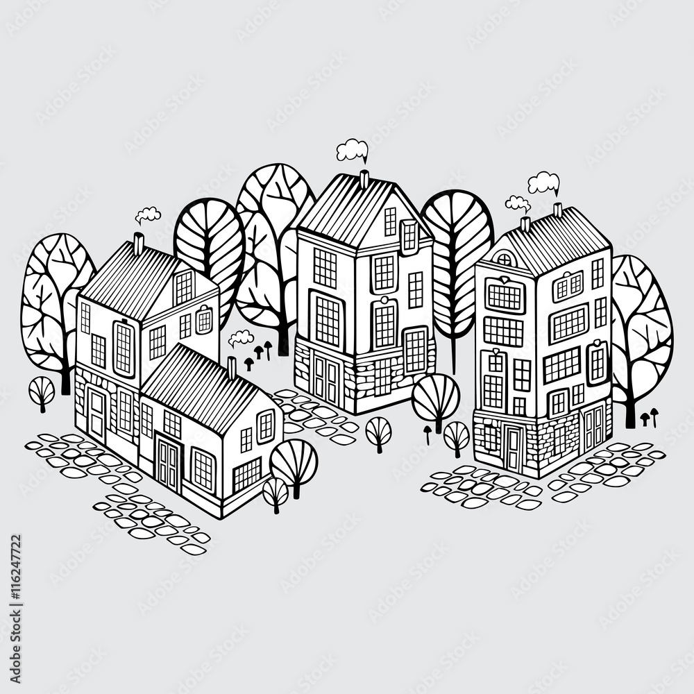 Cartoon Houses set. Monochrome Vector image. Stock Vector | Adobe Stock