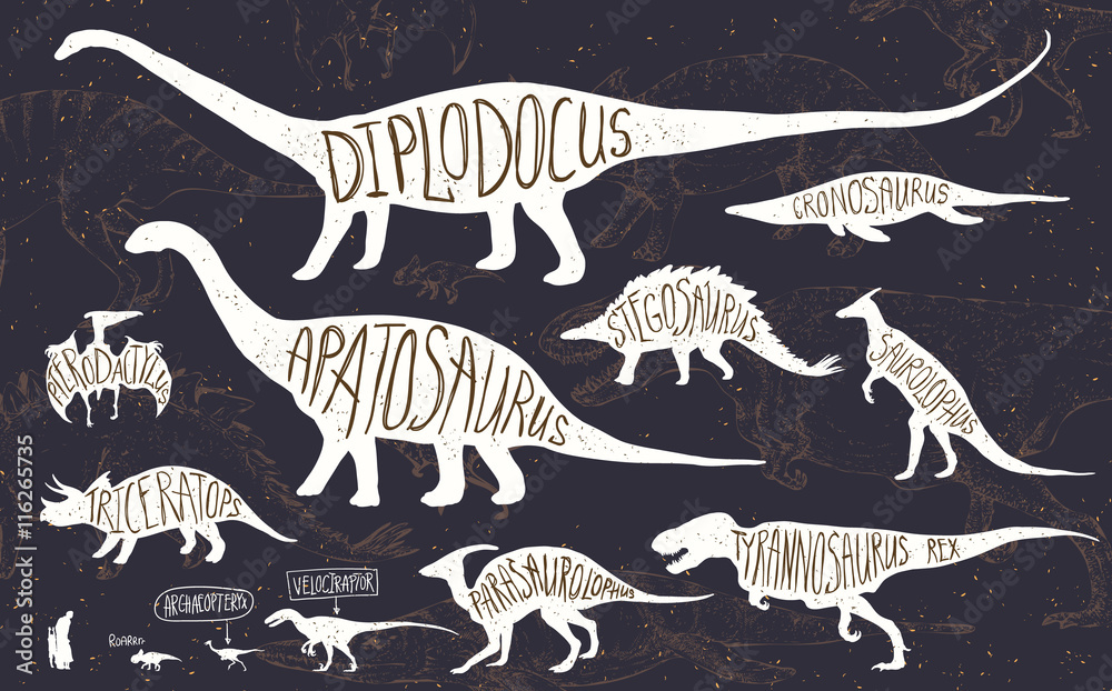 Set of silhouettes of dinosaurs and fossils. Hand drawn vector ...