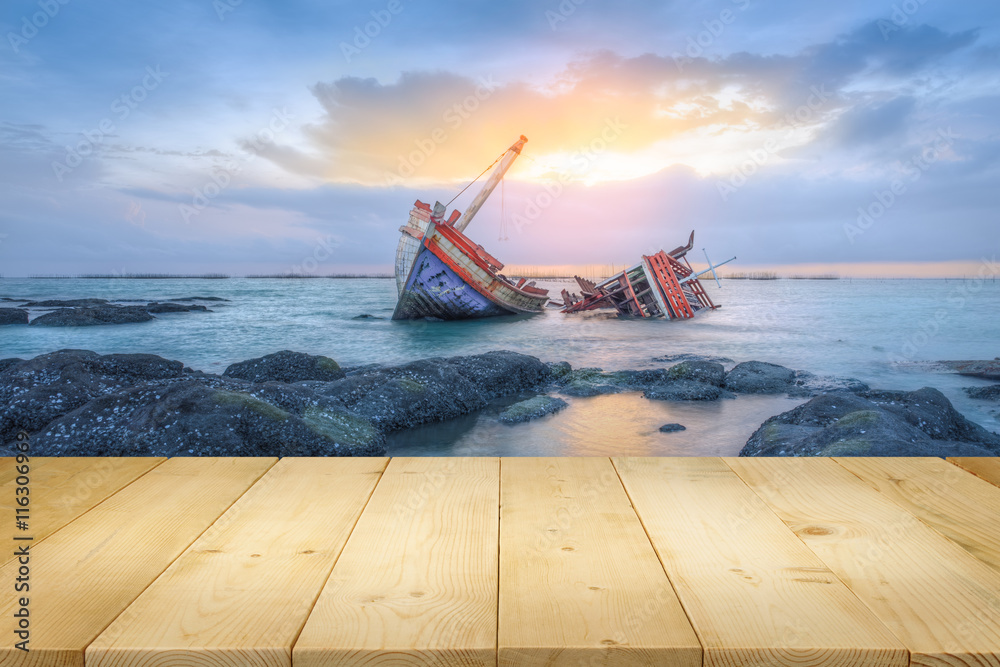 Shipwreck or wood ship broken damage on land, coast or beach with sea ...