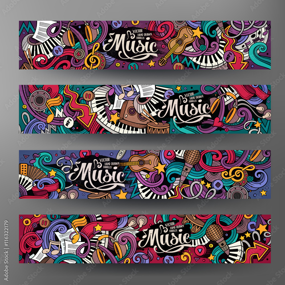 Cartoon hand-drawn doodles Musical banners Stock Vector | Adobe Stock