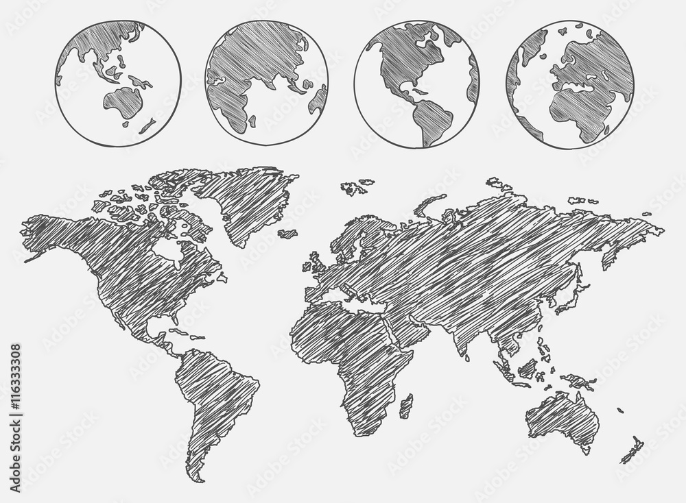 World map drawn. Vector illustration. Stock Vector | Adobe Stock