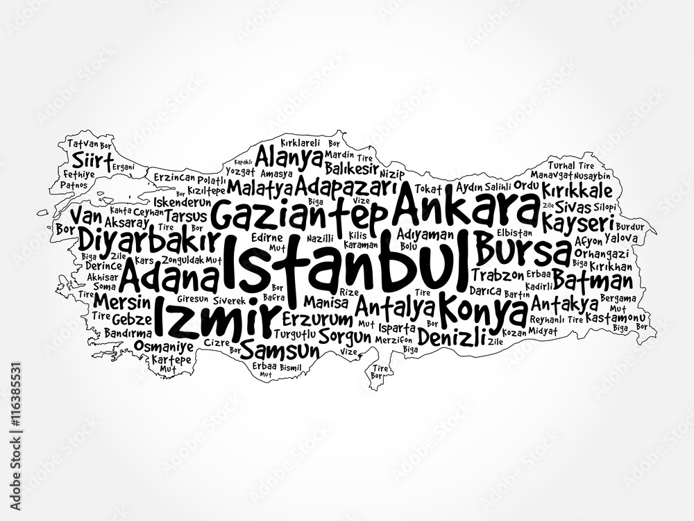 List of cities in Turkey word cloud map, concept background Stock ...