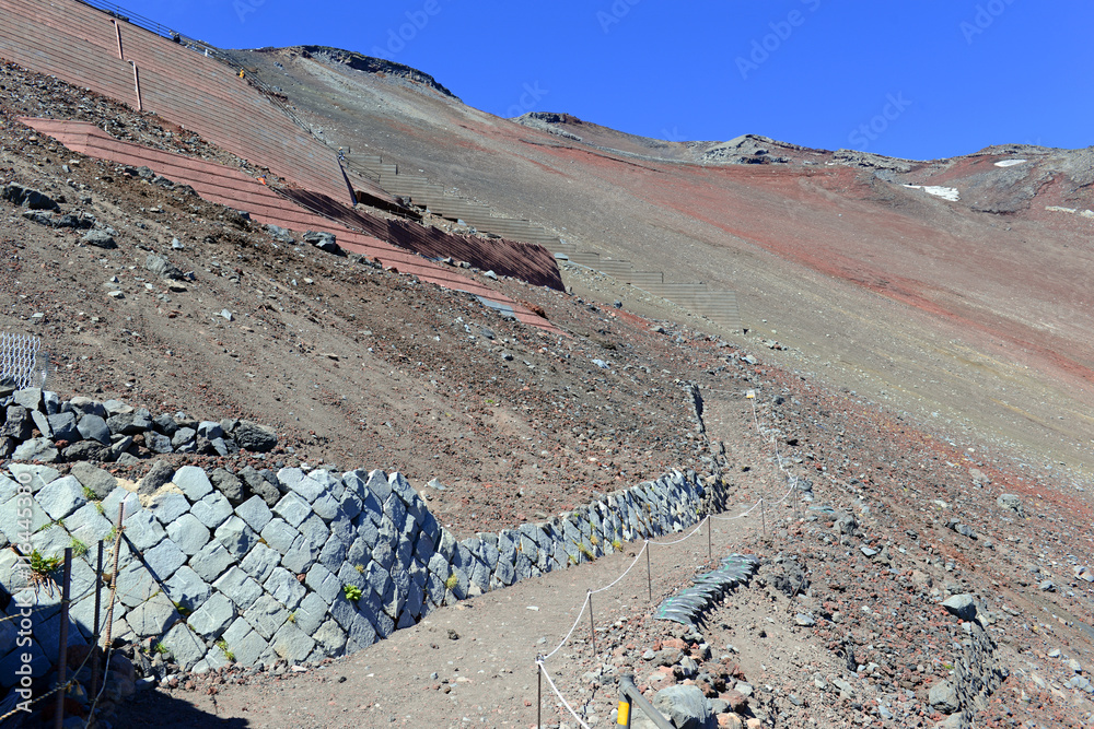 Terrain on climbing route on Mount Fuji, a symmetrical volcano and ...