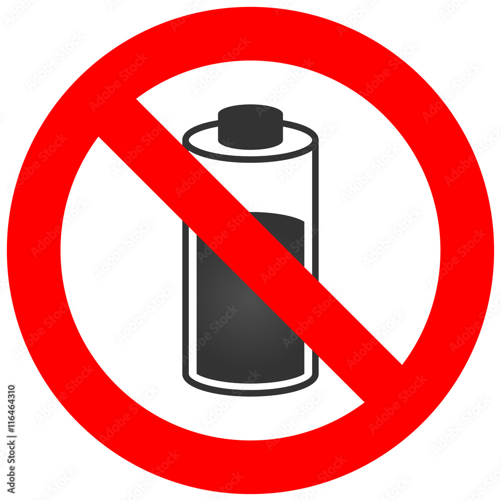 Forbidden sign with battery icon isolated on white background. Battery ...