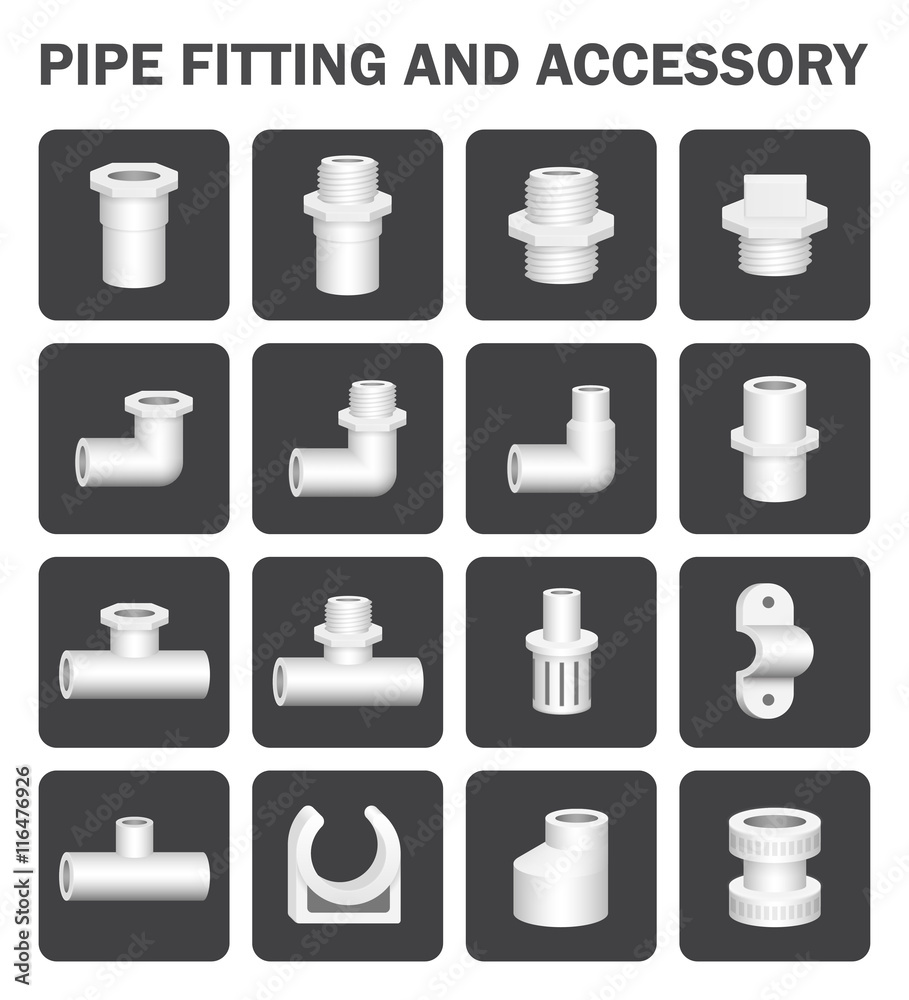PVC or plastic pipe fitting vector icon. Include straight, nipple ...