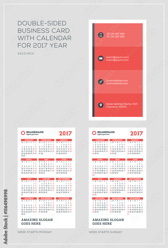 Double-sided vertical business card template with calendar for 2017 ...