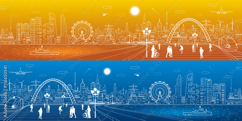 Amazing infrastructure and transport panorama. Train move, railway ...