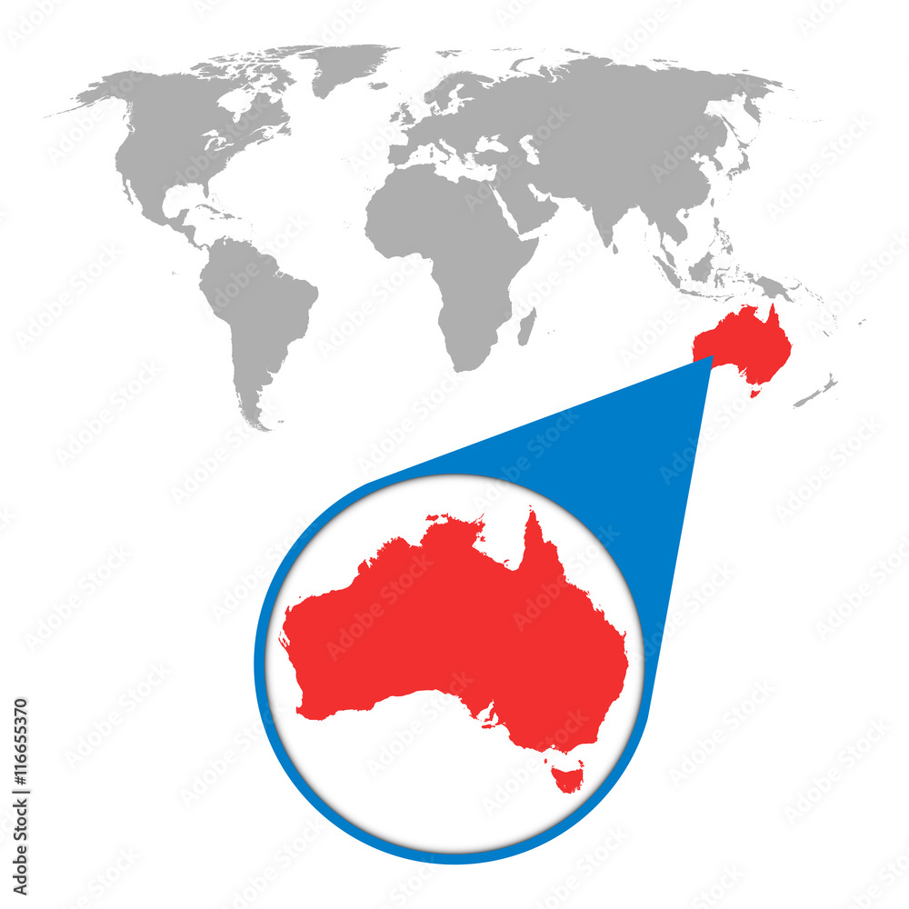 World map with zoom on Australia. Map in loupe. Vector illustration in ...