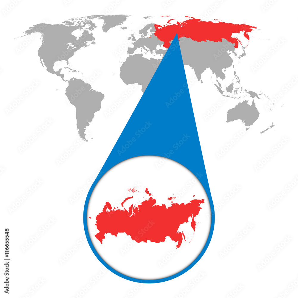 World map with zoom on Russia. Russian Federation map in loupe. Vector ...
