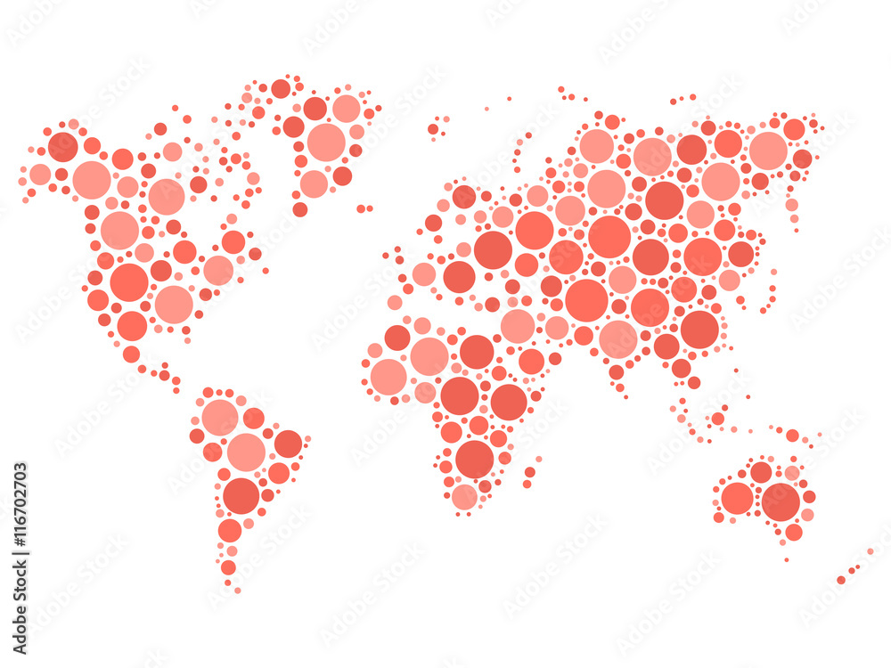 World map mosaic of red dots in various sizes and shades on white ...