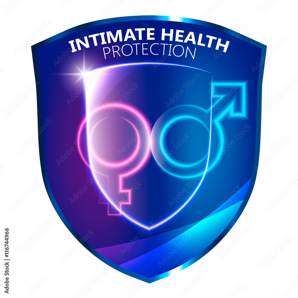 Intimate health protection symbol. Neon male and female signs over the ...
