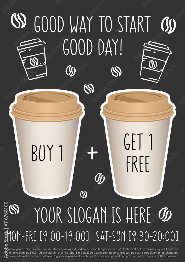Promotion coffee shop vector template. Special offer for cafe (buy 2 ...