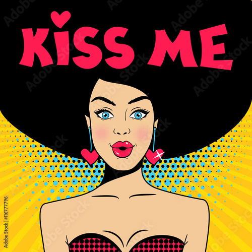 Sexy Pop Art Woman With Lips In Form Of Kiss And Lettering Kiss Me On