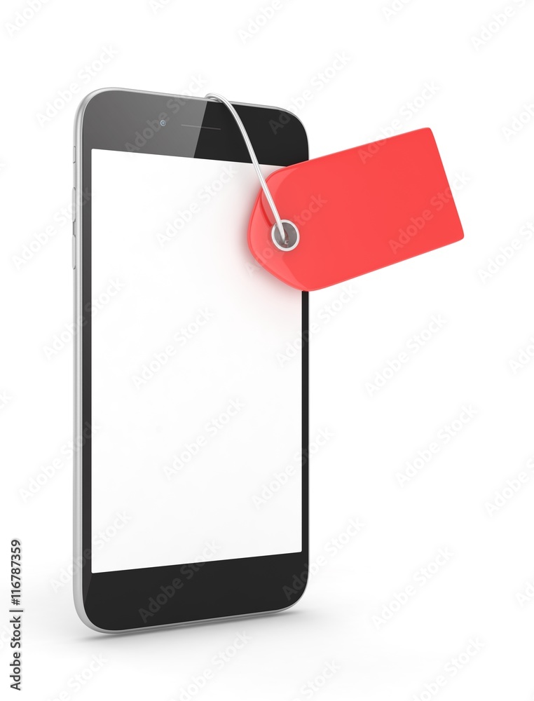 Smart phone with red price tag on white background. Identification ...