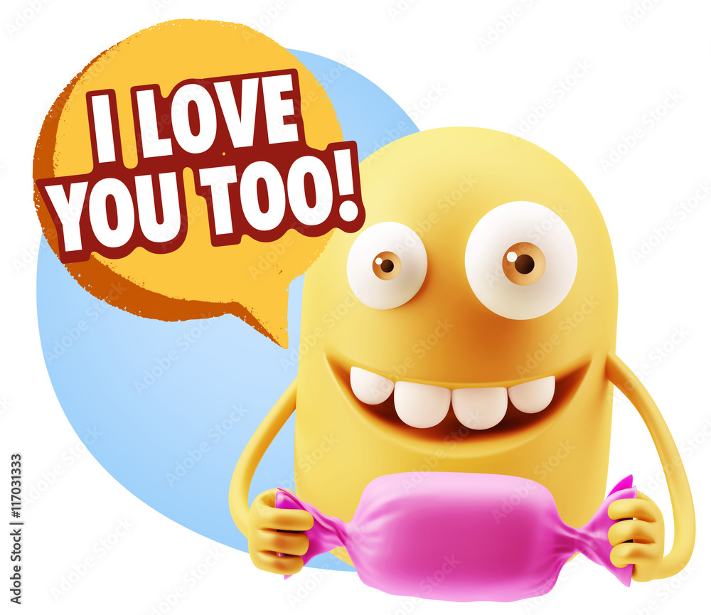 3d Rendering. Candy Gift Emoticon Face saying I Love You Too wit Stock ...