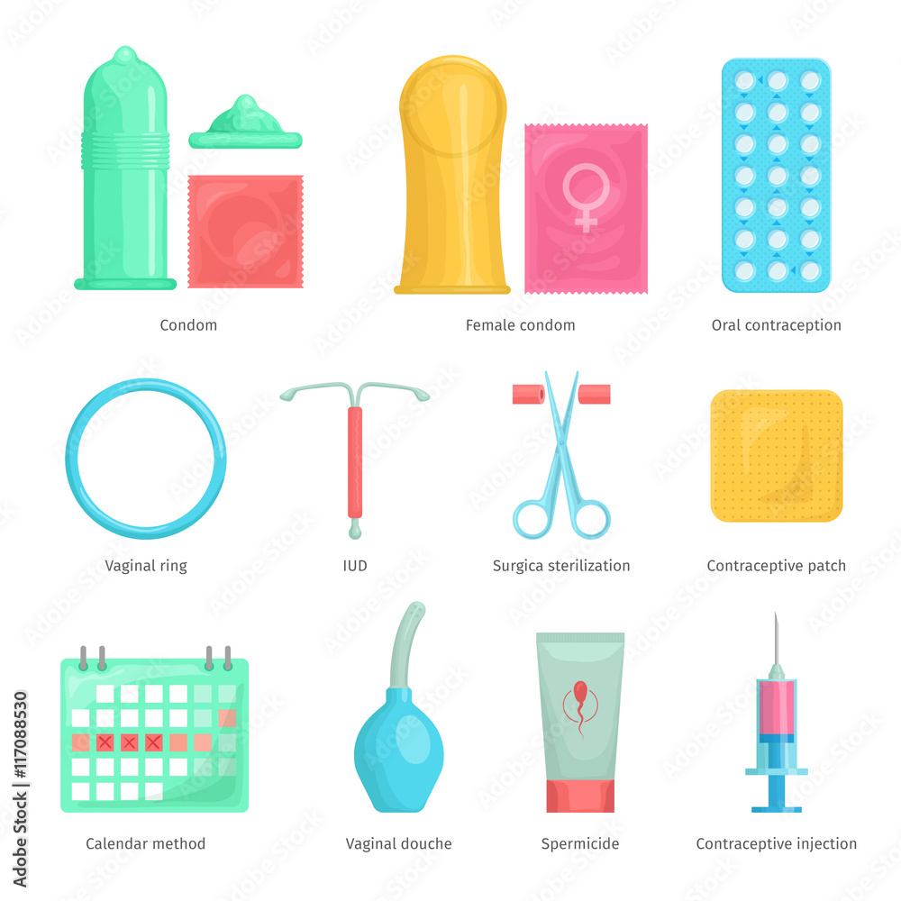 Contraception methods cartoon icons set with calendar injection and ...