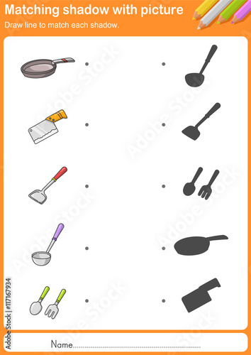 Match kitchen tools with shadow - Worksheet for education Stock Vector ...
