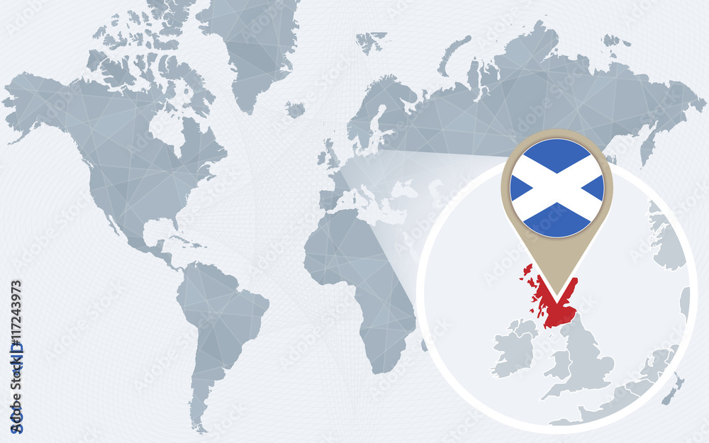 Abstract blue world map with magnified Scotland. Stock Vector | Adobe Stock