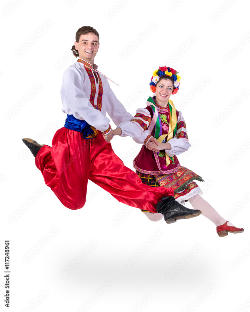 dancing couple in polish national traditional costume jumping, full ...