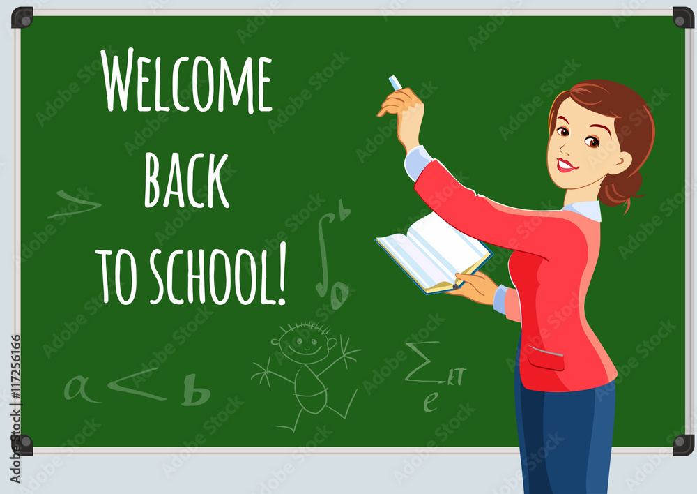 Cartoon young teacher wrote on the school board Stock Vector | Adobe Stock