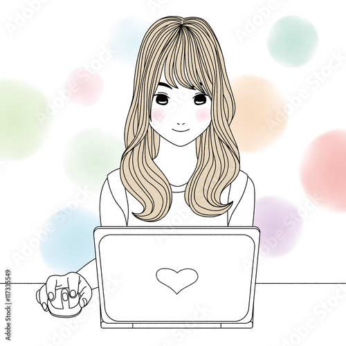pretty girl using laptop PC line drawing illustration Stock Vector ...