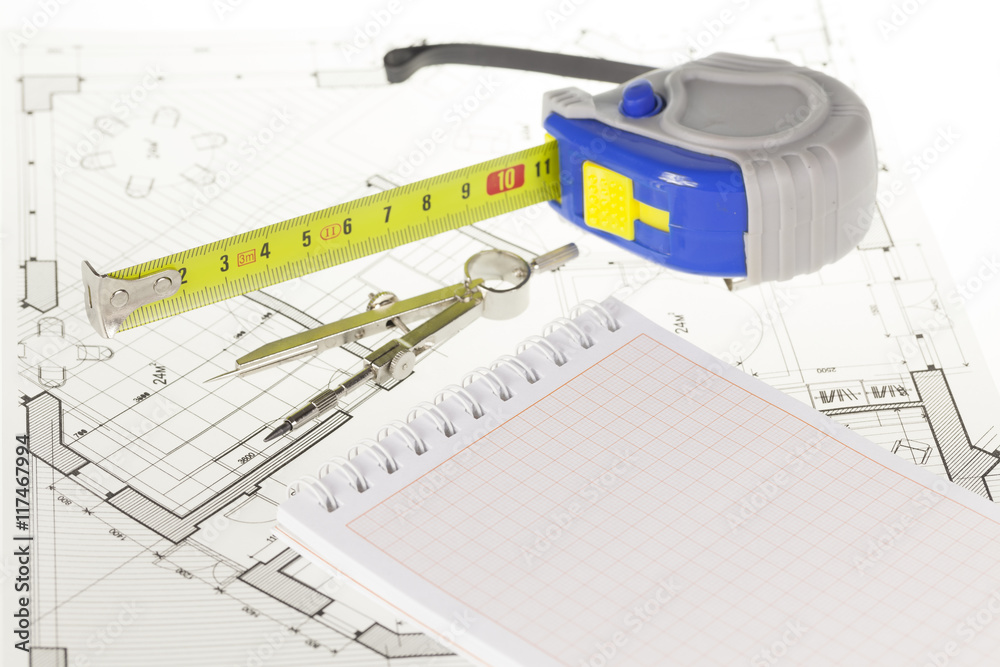 architectural blueprint - house plan, notepad, compass & tape measure ...