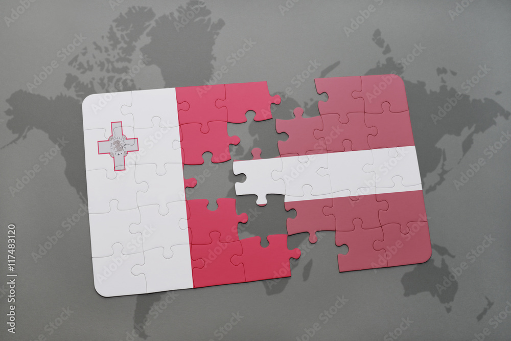 puzzle with the national flag of malta and latvia on a world map ...