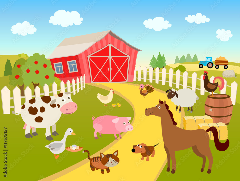 cartoon farm scene illustration with domestic birds, animals, farmhouse ...