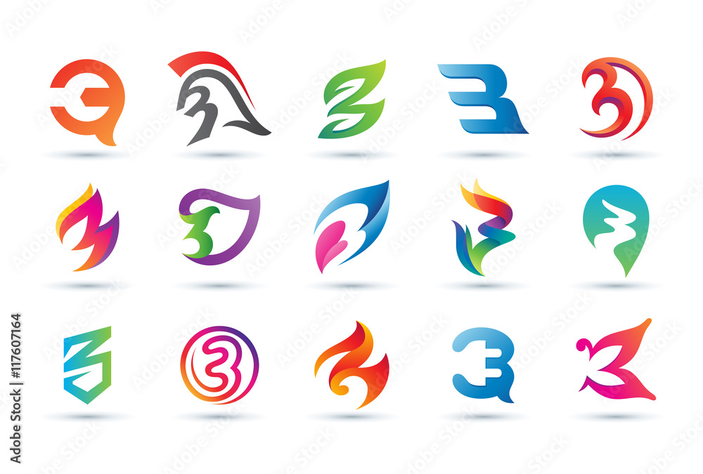 Set of Abstract Number 3 Logo - Vibrant and Colorful Icons Logos Stock ...